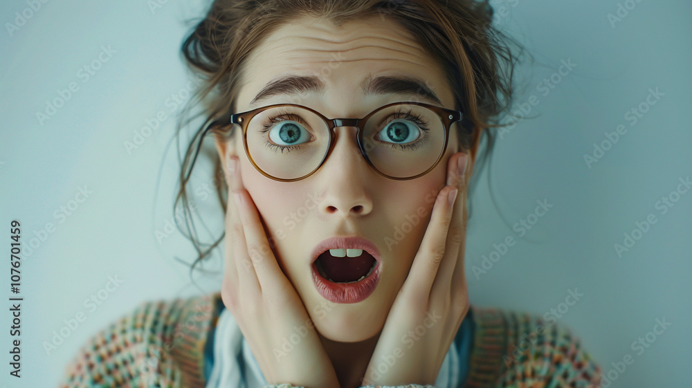 Woman with glasses and wide eyes expressing surprise, hands pressed to ...