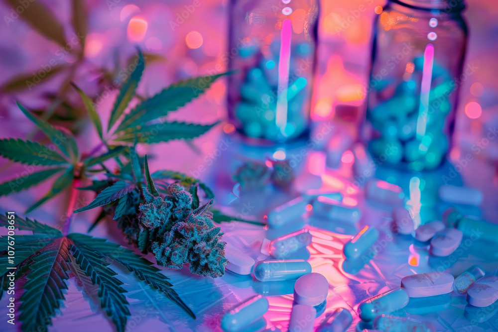 Cannabis leaves, buds, capsules, bottles on neon-lit background ...