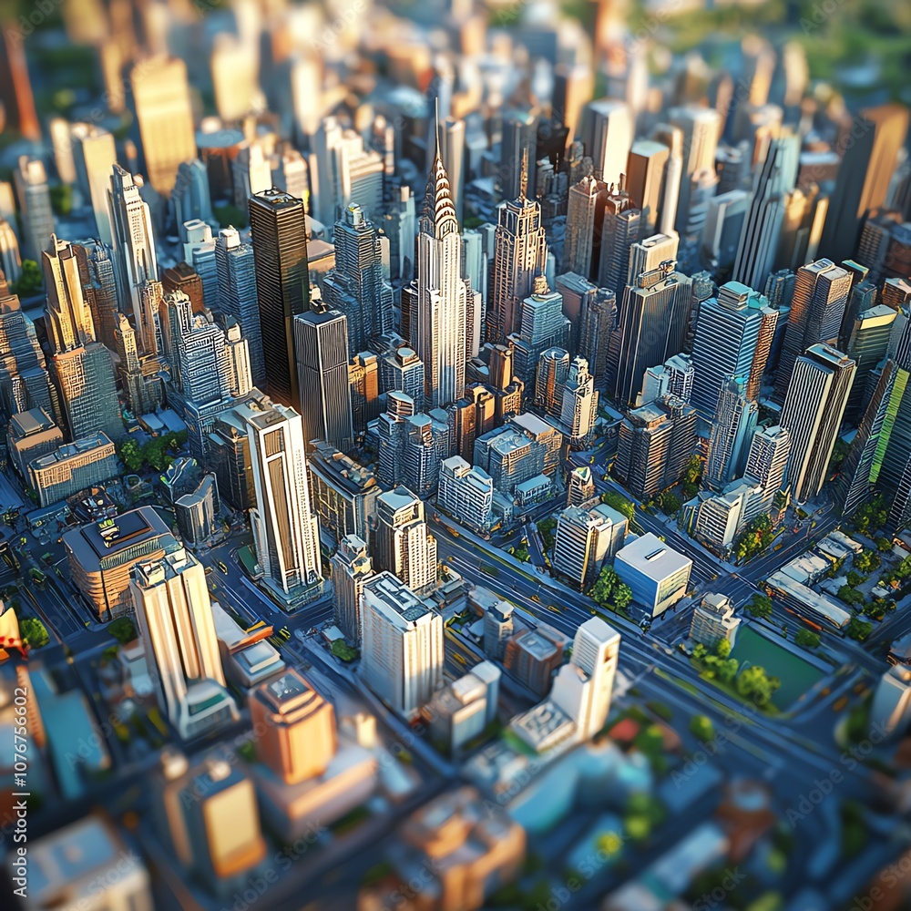Design a detailed aerial perspective of a bustling metropolis with ...
