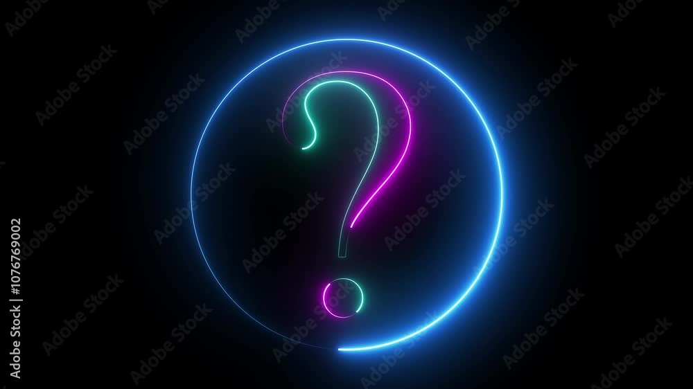 A neon question mark icon features a glowing, vibrant design with ...