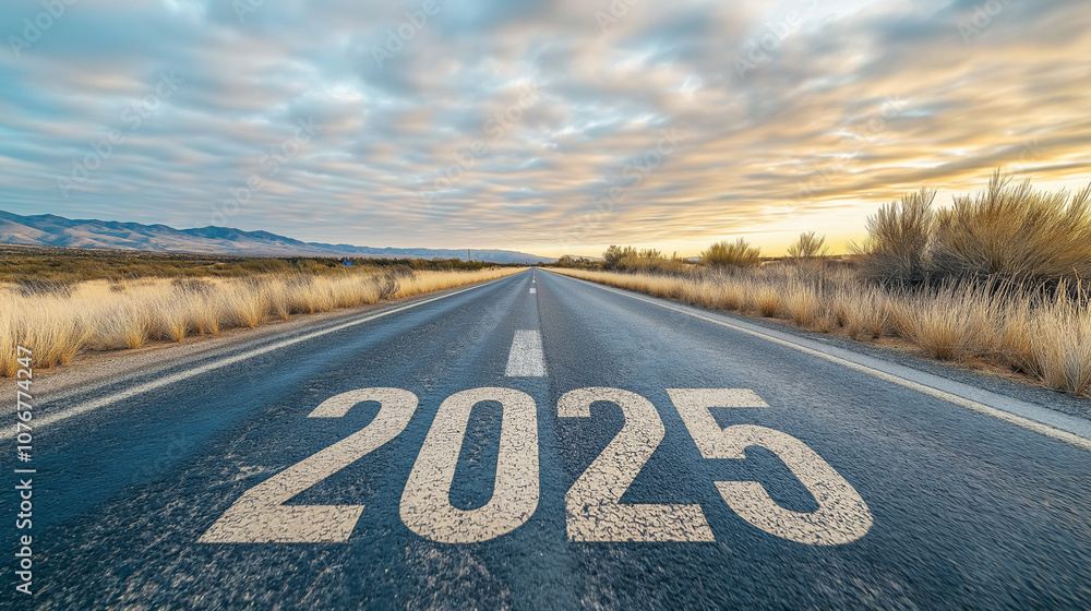Road To The Future: Bright Yellow Asphalt With "2025" Marked And An ...