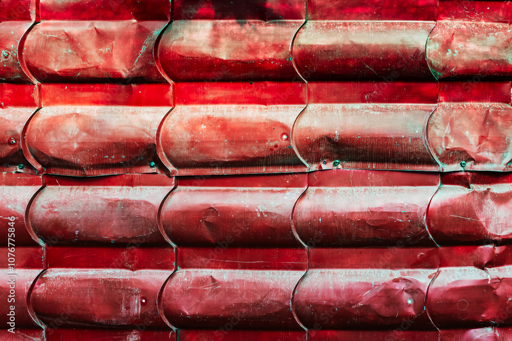 Artistic of old red metal tile fence background. Fence from corrugated ...