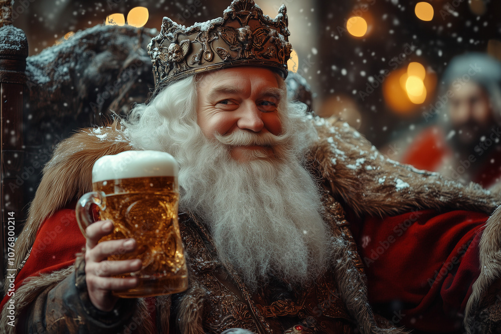 Majestic king sitting on a throne with a glass of foamy beer... Stock ...