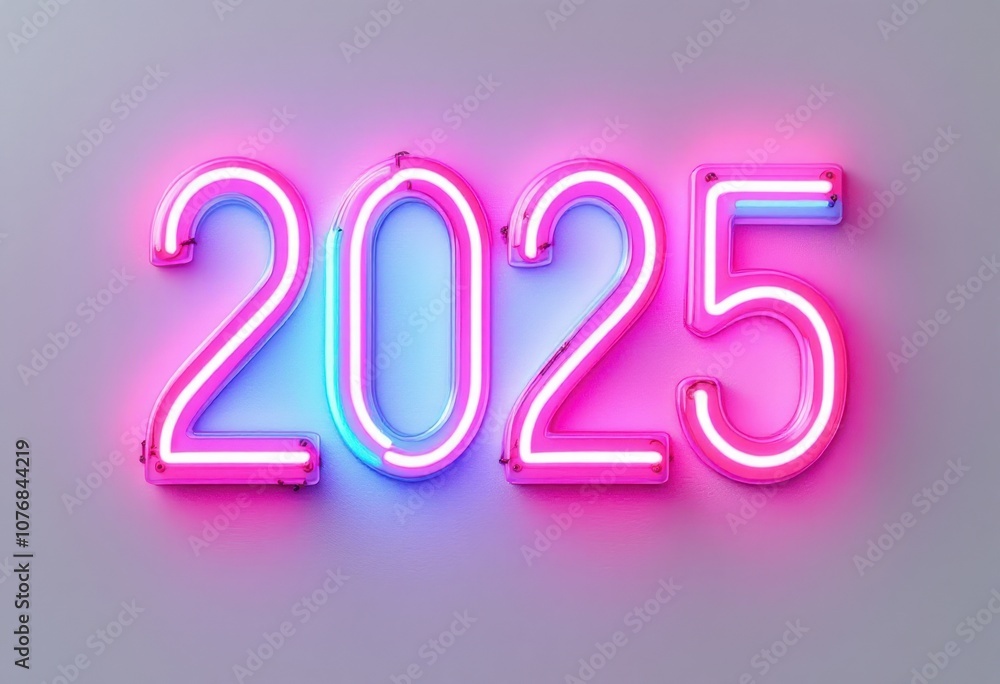 Neon Sign Style 2025 Typography in Bright Pink and Blue Lights Stock ...