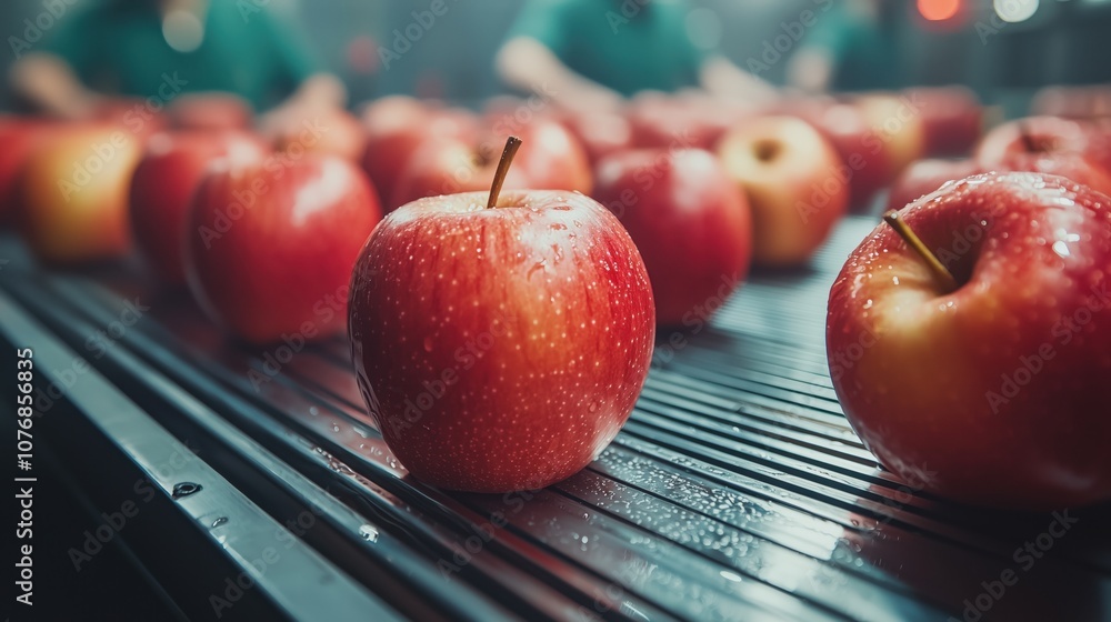 Freshly washed red apples move along a conveyor belt in a factory ...
