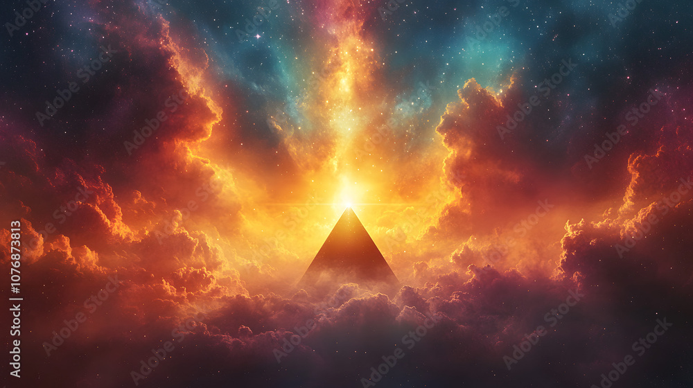 A vintage poster depicting an explosion of light rays emanating from a central point, creating a ...