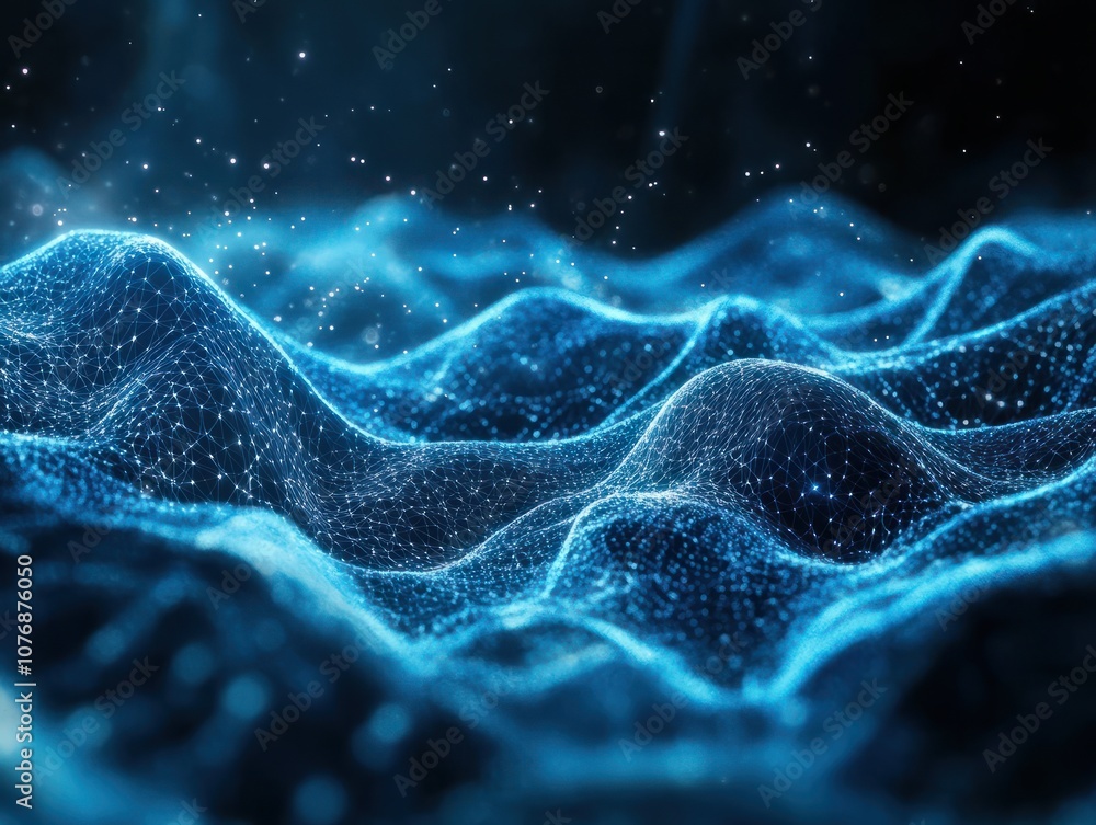 An abstract digital wave pattern in electric blue and black, with a ...