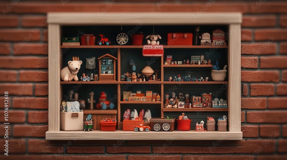 Vintage toy store exterior with red brick walls, classic signage, and a ...