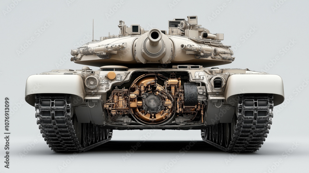 Detailed front view of a military tank with exposed mechanical ...