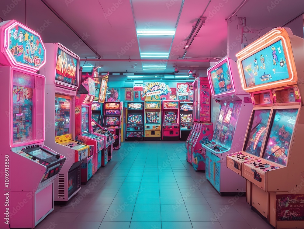 Retro arcadestyle toy store exterior with neon signs, vibrant murals ...
