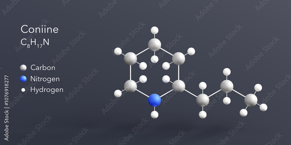 coniine molecule 3d rendering, flat molecular structure with chemical formula and atoms color ...