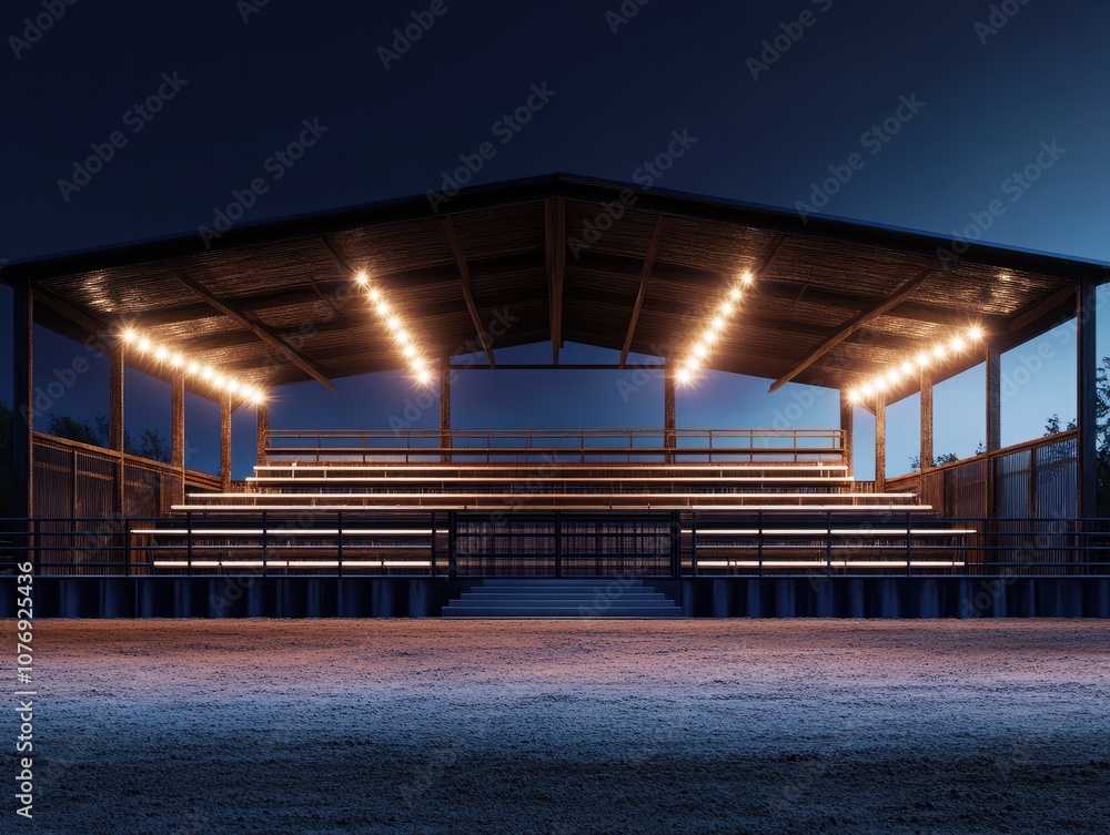 Illuminated rodeo arena with empty bleachers showcasing the ...