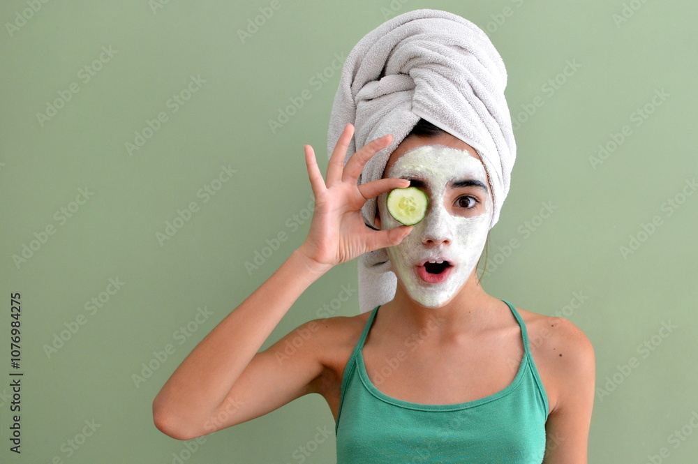 Mischievous Teenage girl with a face mask wearing a towel turban on her ...