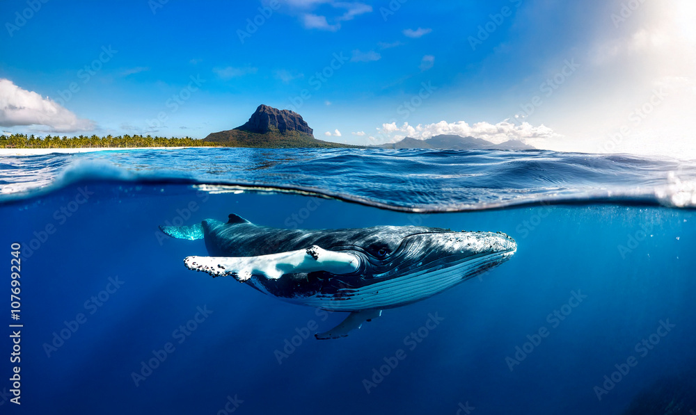 Indian Ocean, Mauritius Whale and humpback whale and vibrant coral ...