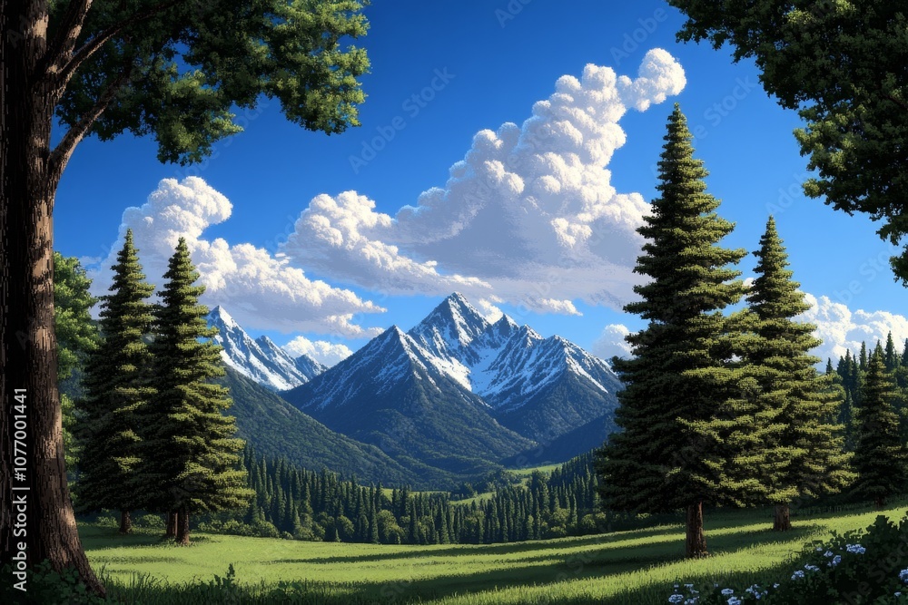 Pixel art landscape of a forest with pixelated trees, mountains in the ...