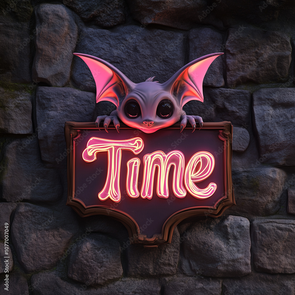 Cute bat character peeking over a glowing sign "Time" on a stone wall ...