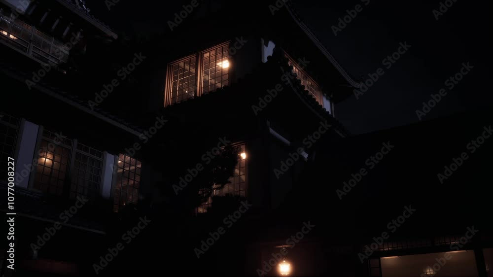 The grandeur of a traditional shoguns residence is highlighted at night ...