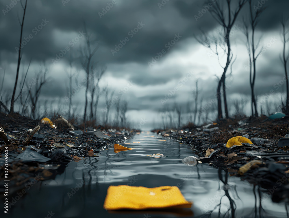 swampy wetland filled with trash and stagnant water under dark clouds ...
