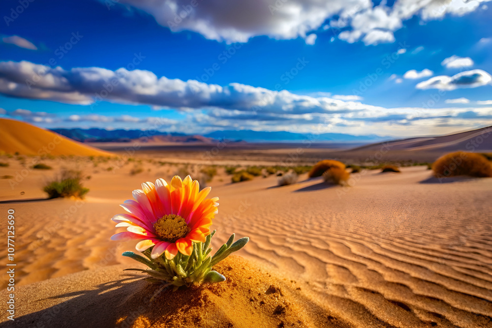 A vibrant desert flower blooms against a backdrop of golden sands and a ...