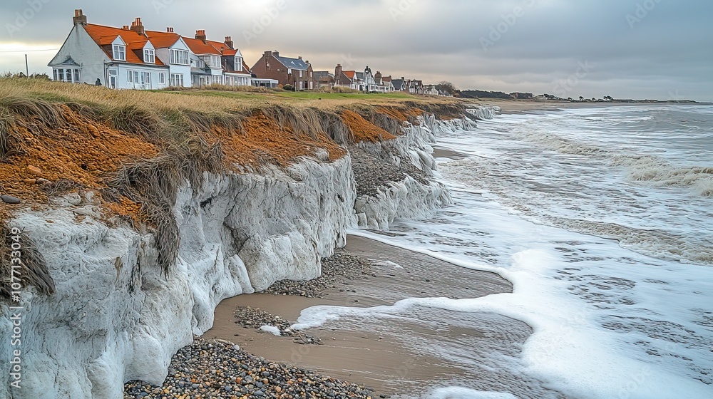 Coastal erosion near a town, showcasing the environmental impacts of ...