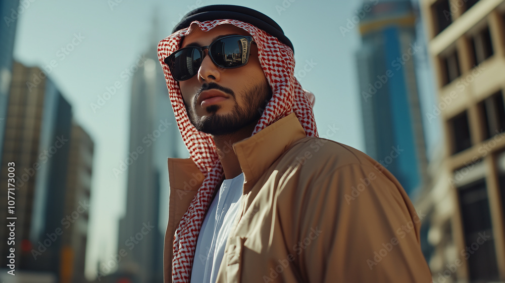 An Arab man with a modern jacket over his thobe, representing a blend ...