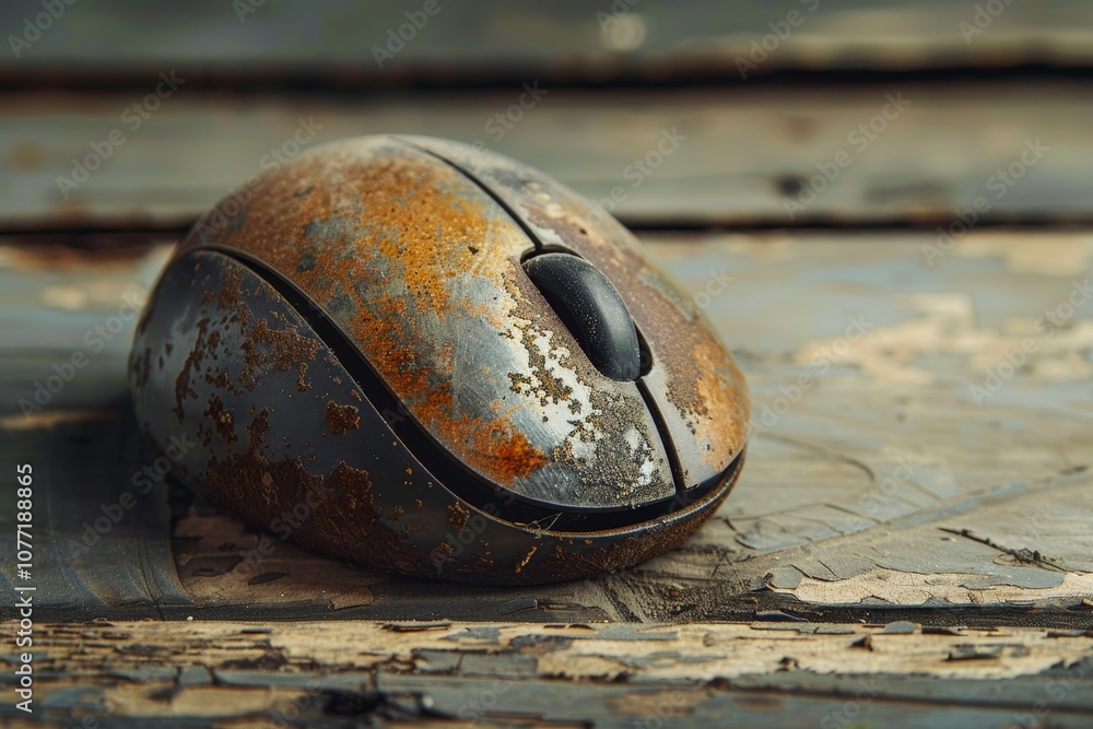 A worn-out computer mouse with a trackball sitting on a wooden floor ...