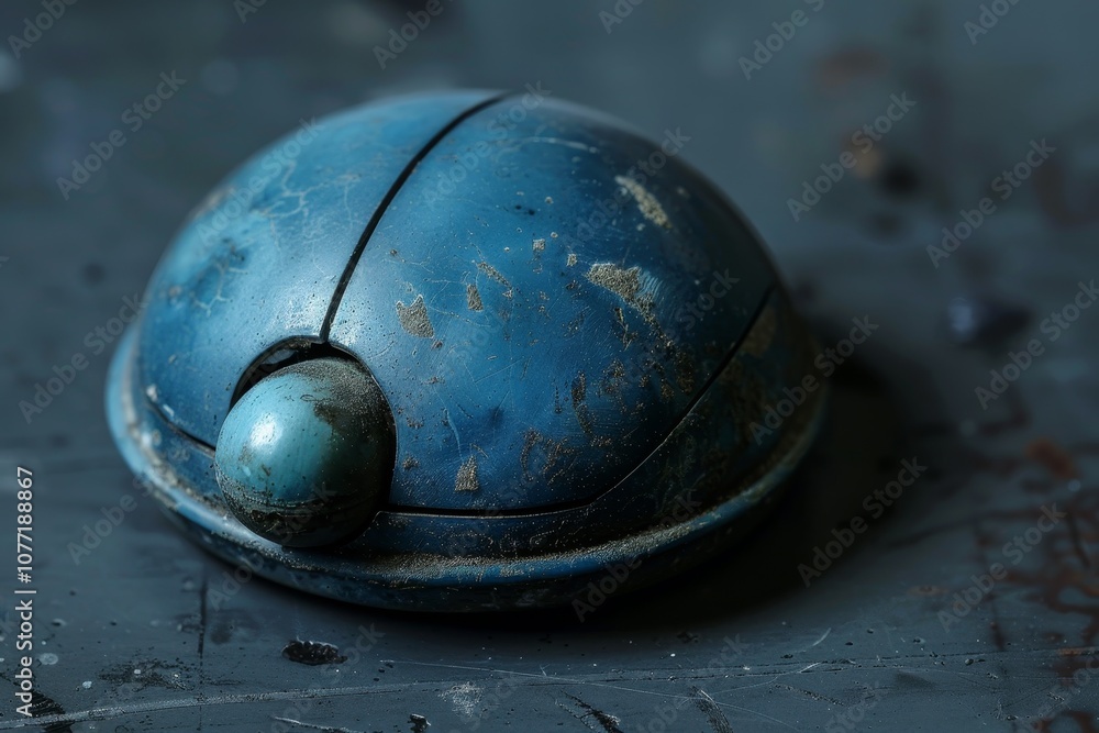 A worn out blue computer mouse with a trackball sitting on a table ...