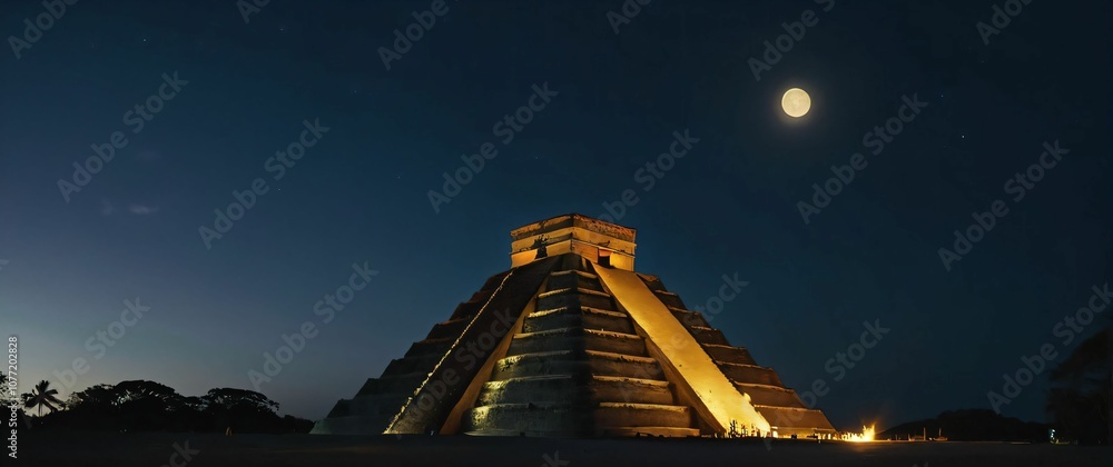 Mayan pyramid illuminated by torches under a full moon Stock Photo ...
