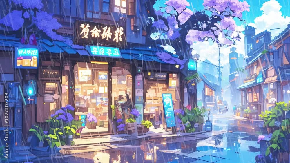 Experience the peaceful ambiance of a rain-soaked street filled with ...