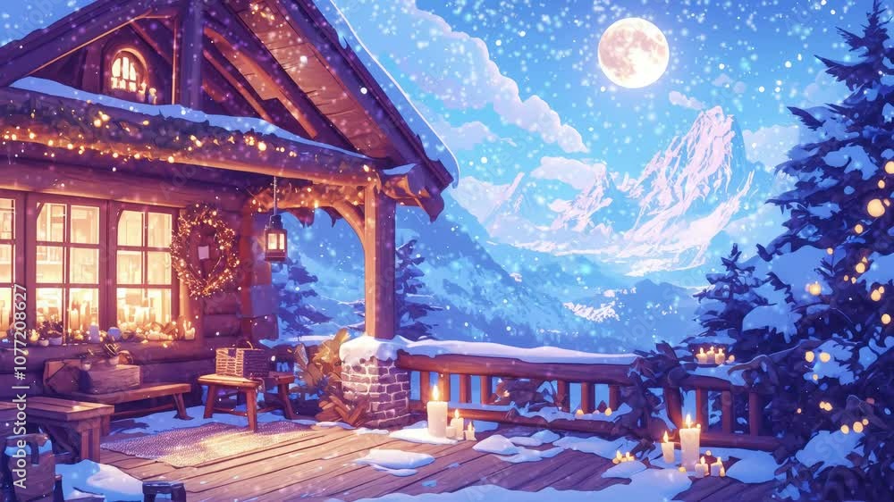 Enchanting winter evening at a cozy mountain cabin with glowing lights ...