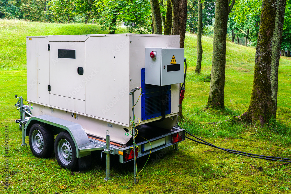 Connected large rental diesel generator on a mobile trailer for outdoor ...