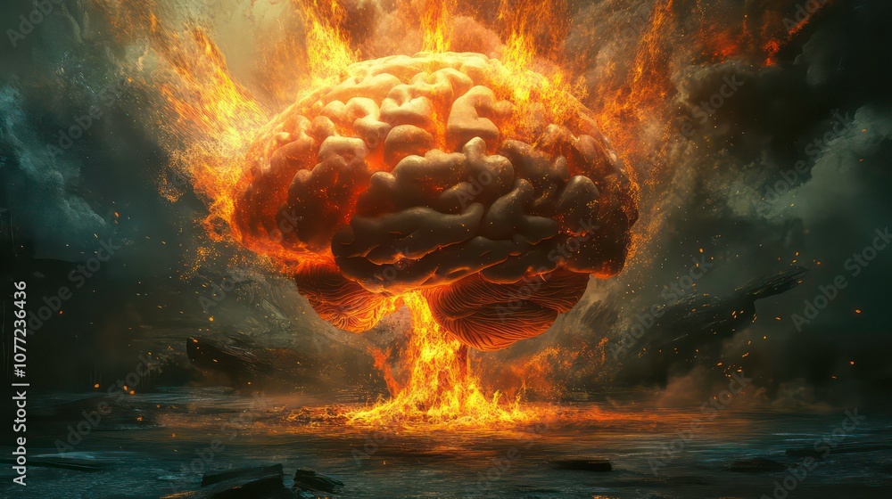 Explosive concept art of a human brain overflowing with knowledge and ...