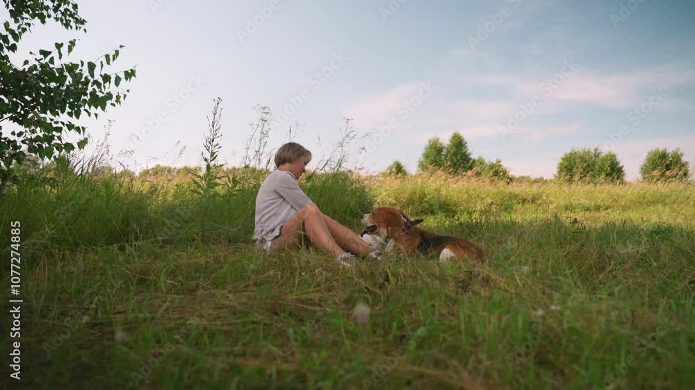 Pet lover sitting on grassy field rubbing neck of one dog while it lays ...