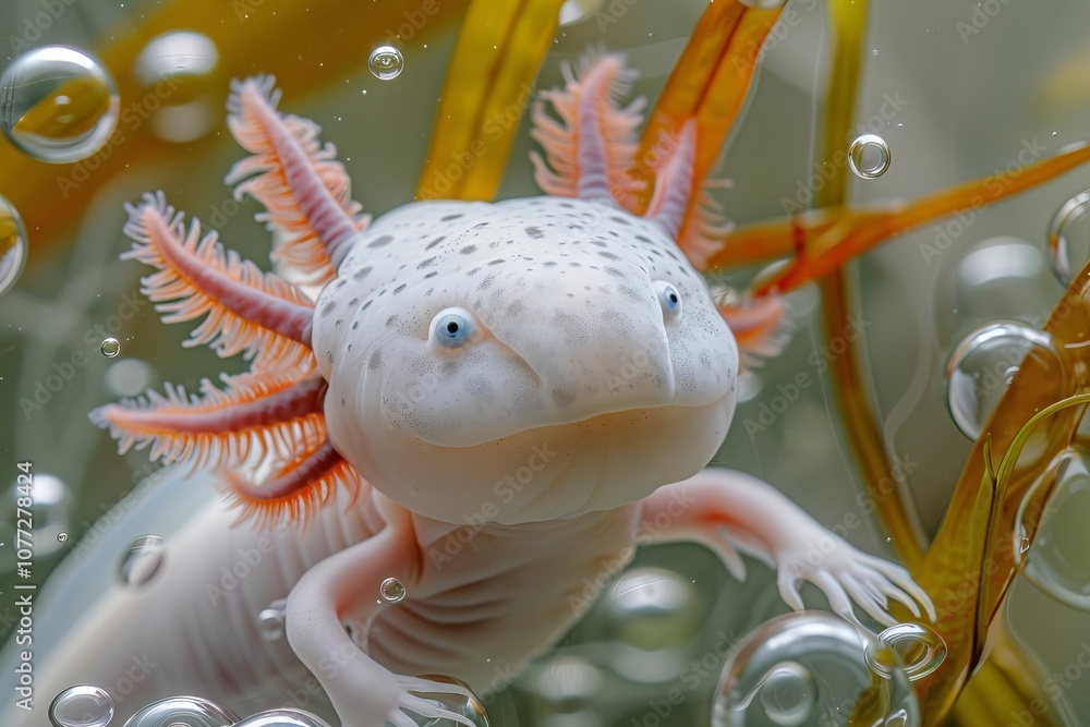A cute axolotl glides gracefully alongside bubbles in the aquatic ...