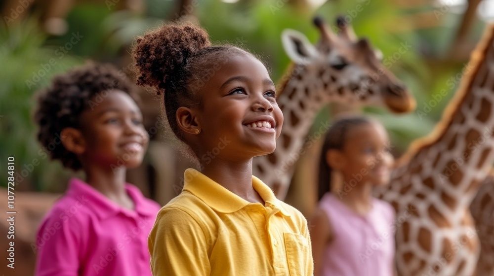 Kids Meeting Giraffes: Three children, wide-eyed with wonder, stand ...