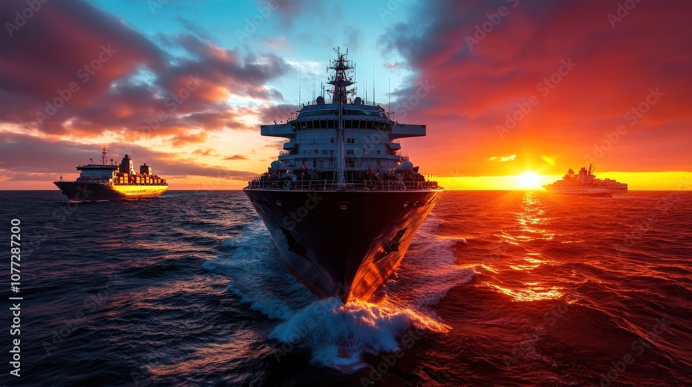 Several large ships navigate the ocean as the sky explodes with warm ...