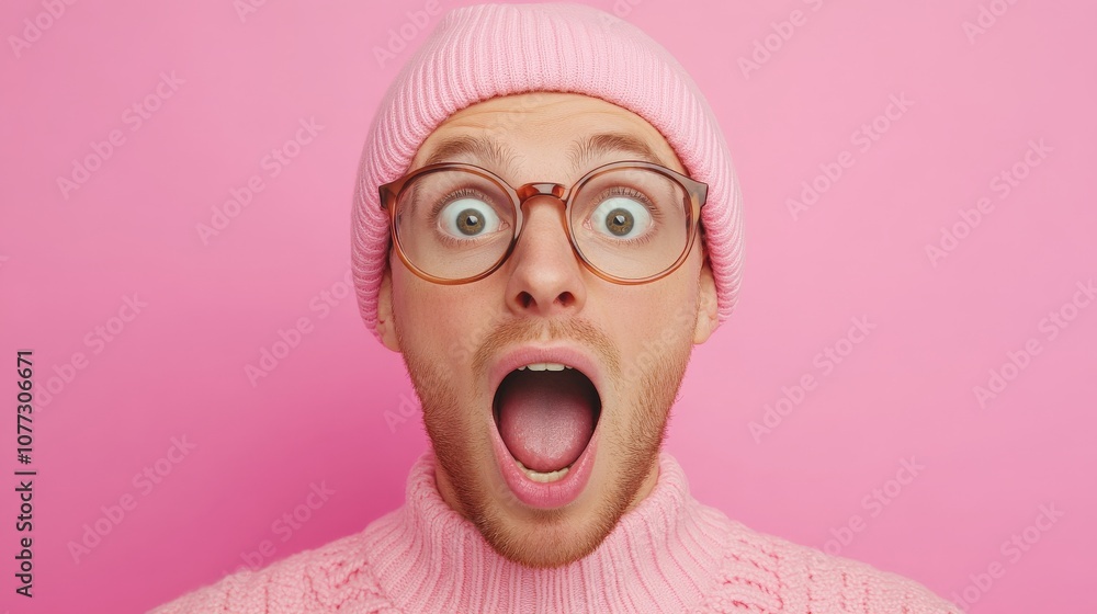Wide-Eyed Wonder: A man in a pink beanie and turtleneck stares in ...