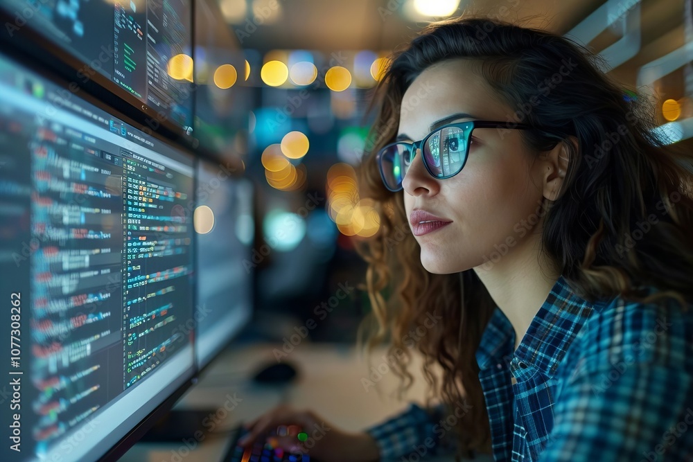 Professional Caucasian female software engineer coding on multi-screen desktop computer in ...