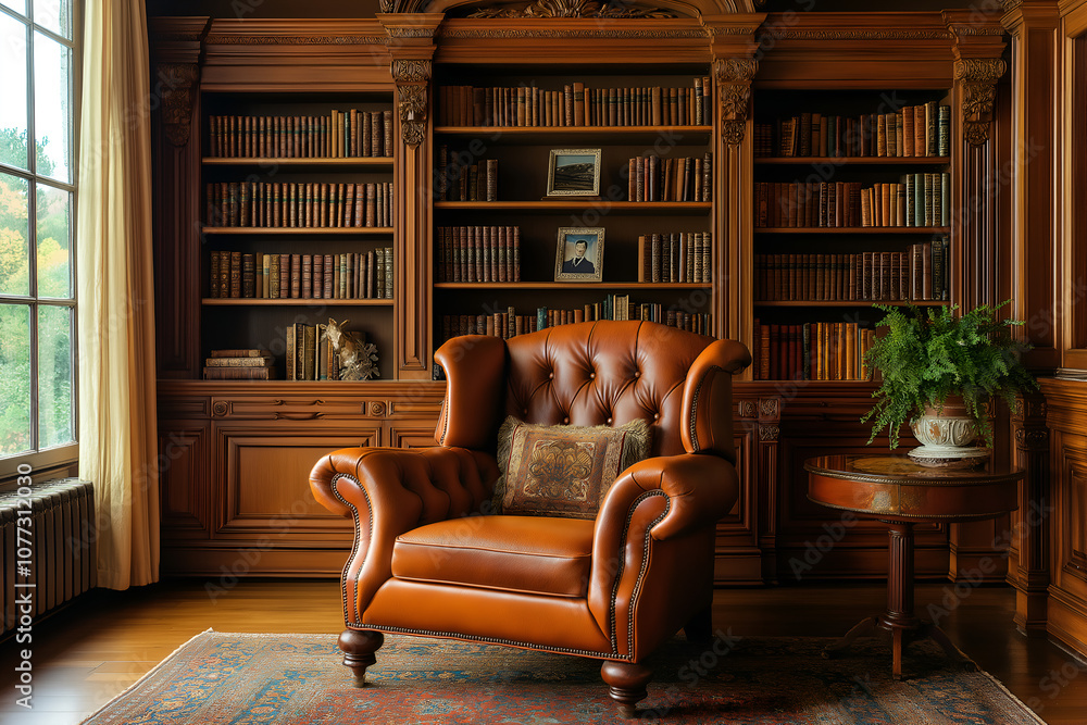 Luxurious home library with built-in bookshelves, rich wood finishes ...