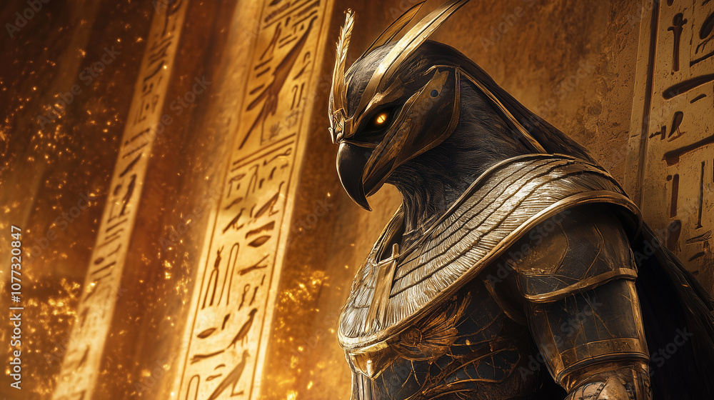 Horus in his full armor, with a sharp gaze and hieroglyphs glowing on ...