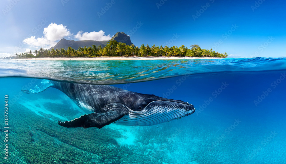 Indian Ocean, Mauritius Whale and humpback whale and vibrant coral ...