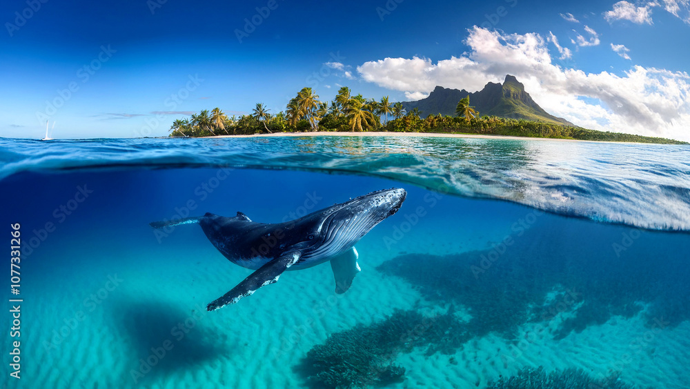 Indian Ocean, Mauritius Whale and humpback whale and vibrant coral ...