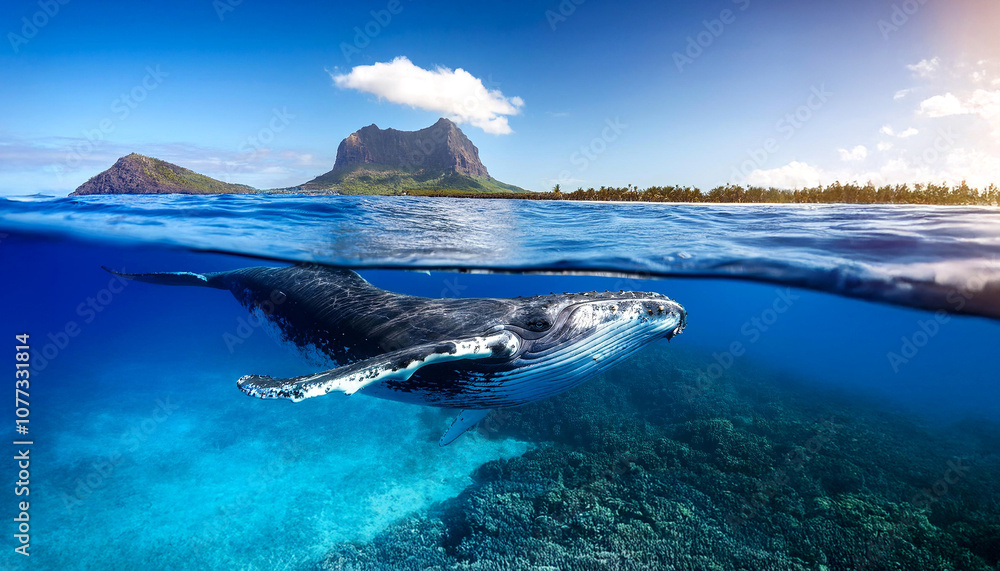 Indian Ocean, Mauritius Whale and humpback whale and vibrant coral ...