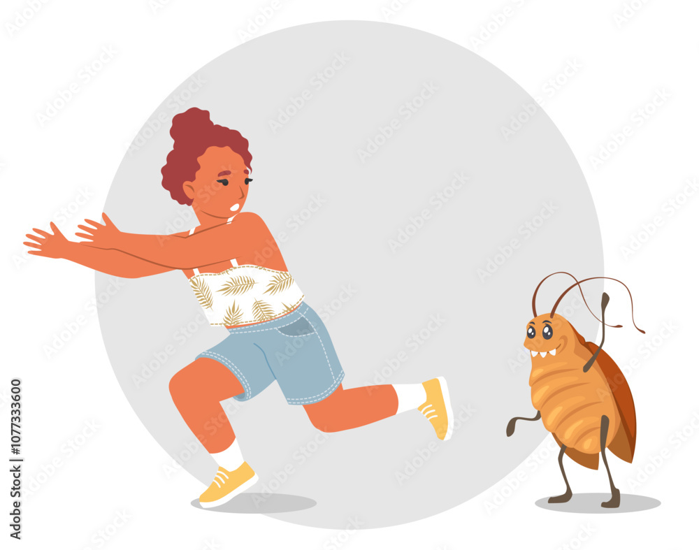 Frightened little girl child cartoon character escaping cockroach pest ...