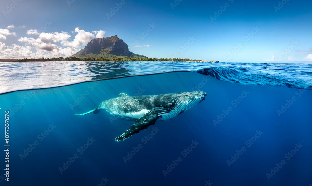 Indian Ocean, Mauritius Whale and humpback whale and vibrant coral ...