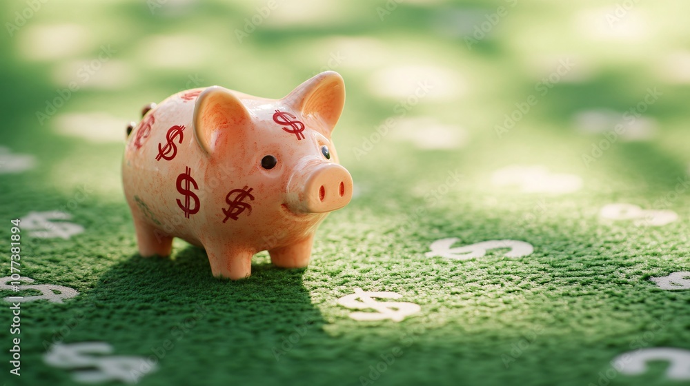 Piggy bank with dollar signs embossed, sitting on a green background ...