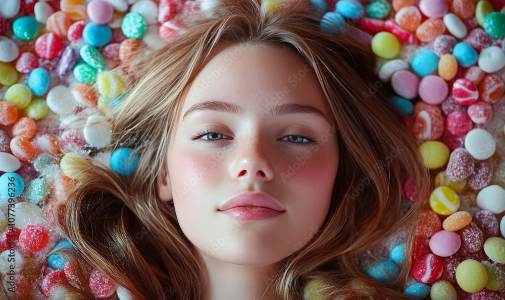 Pretty young woman laying in colorful sugar candies. Female face ...