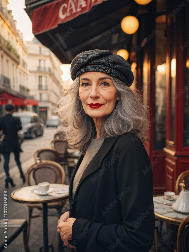 Elegant middle-aged woman with gray hair, wearing a beret and red ...
