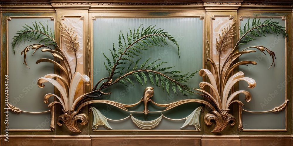 Elegant Art Deco Panel with Gold Leaf Ferns in Green Glass Stock ...