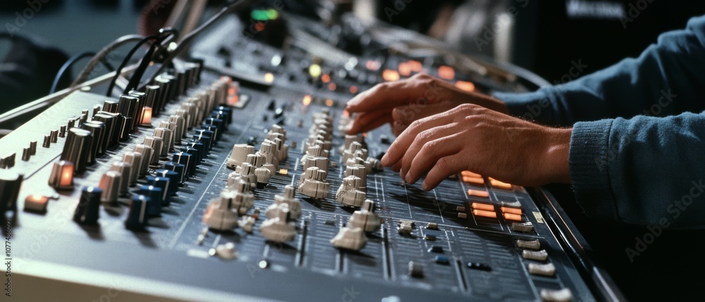 Skilled hands work a complex soundboard, with dials and switches ...